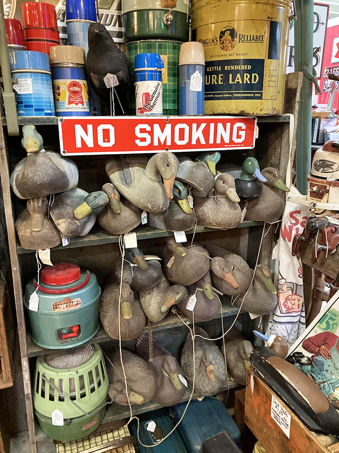 A congregation of vintage duck decoys huddles beneath a "No Smoking" sign. These wooden waterfowl have outlasted the hunters who once relied on them.