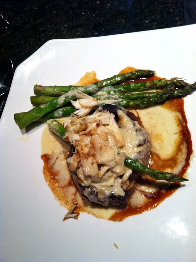 The filet mignon arrives with asparagus standing at attention, as if they know they're in the presence of beef royalty.