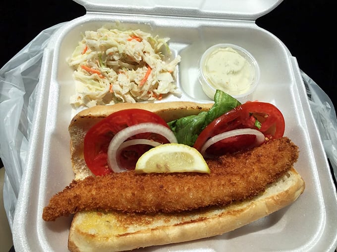 This fish po' boy doesn't just satisfy hunger&mdash;it tells stories of Southern waters with every crispy, flaky bite. The coleslaw adds a perfect counterpoint.