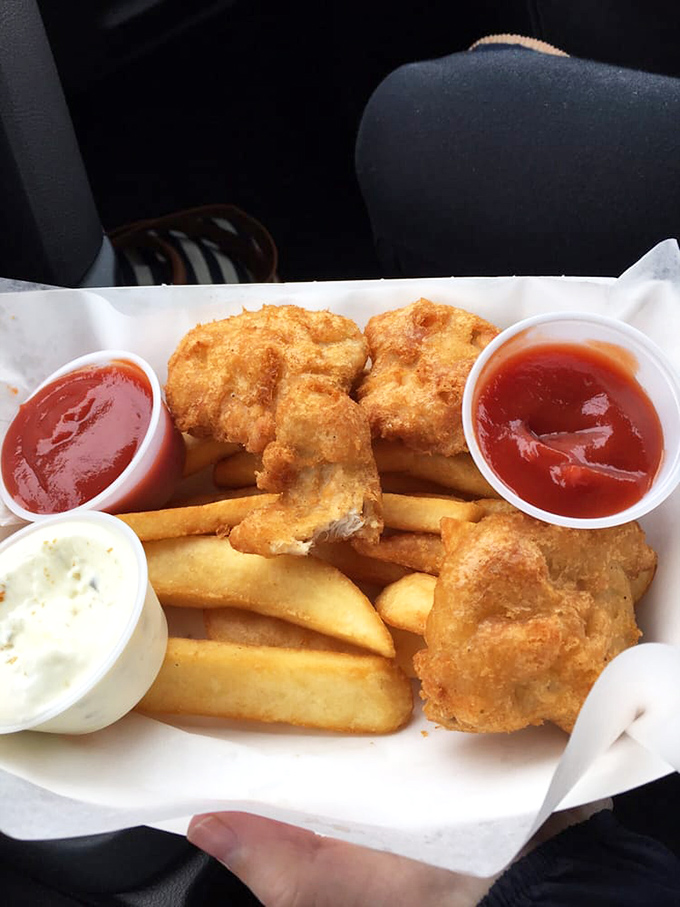 The holy trinity of fish and chips dining: crispy albacore, thick-cut fries, and three dipping sauces for your dunking pleasure.