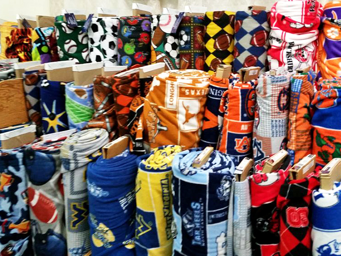 College football rivalries play out peacefully in the fleece section, where team loyalties are measured in yards rather than points.