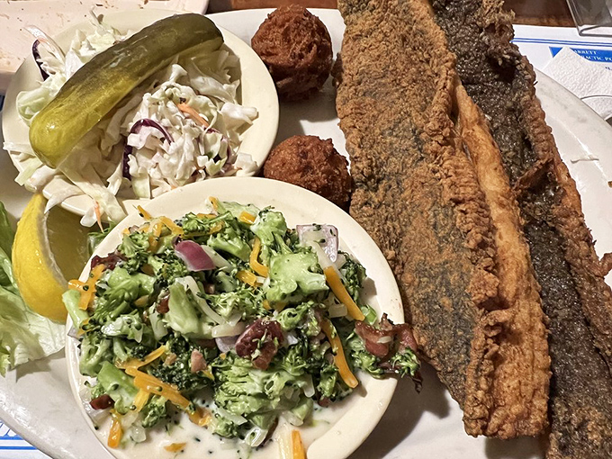 This flounder didn't just get fried, it got promoted to coastal royalty, complete with a broccoli slaw courtier and coleslaw confidant.