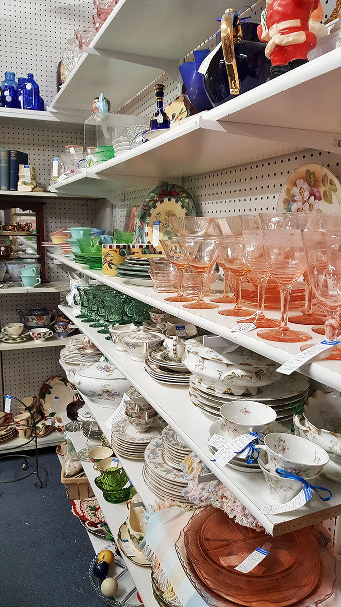 Depression glass, fine china, and delicate stemware create a kaleidoscope of color and craftsmanship&mdash;each piece whispering stories of dinner parties and special occasions past.