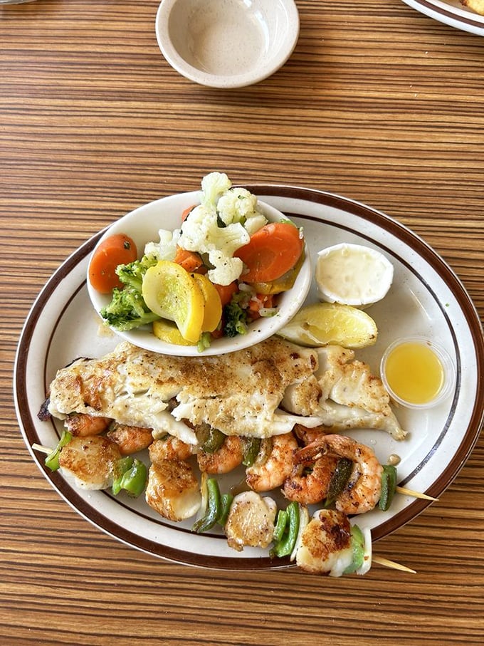The grilled seafood platter&mdash;where vegetables are merely supporting actors in this ocean-to-table drama starring perfectly seasoned shrimp and fish.