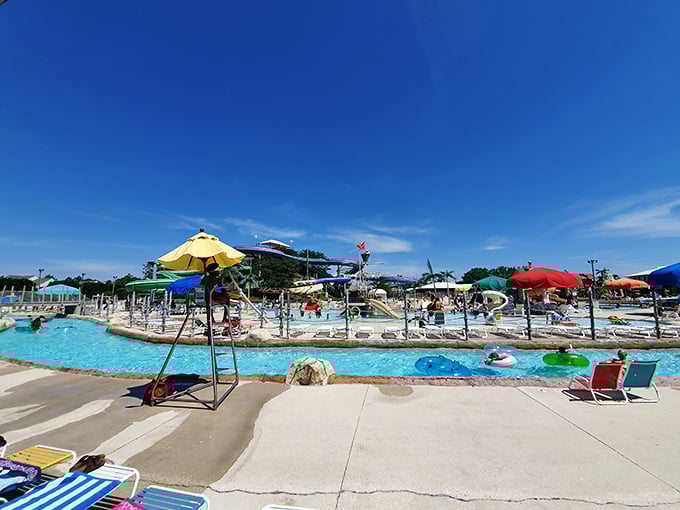 Summer serenity at its finest &ndash; the expansive pool area offers plenty of space for swimmers and sunbathers alike under Delaware's blue skies.