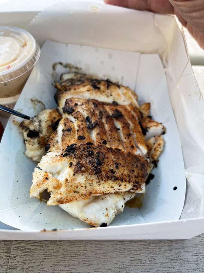 Blackened grouper so perfectly cooked it might make you weep with joy. The char marks are basically seafood autographs.
