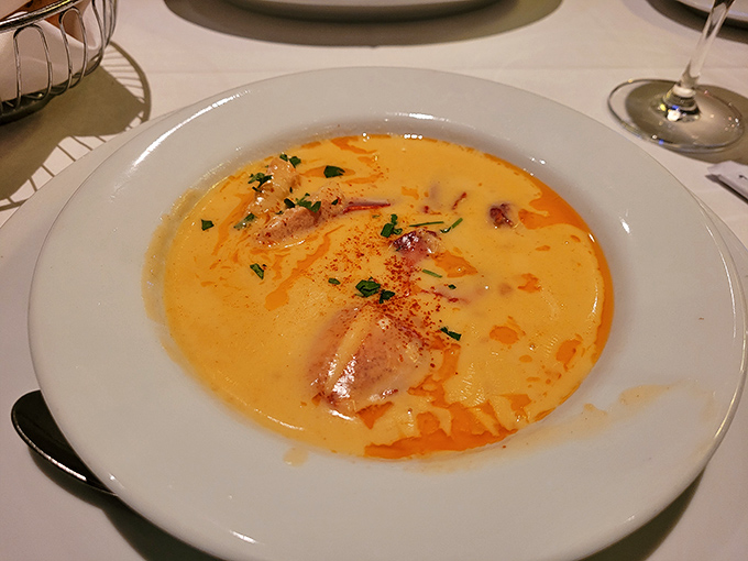 Liquid gold in a bowl. This velvety bisque delivers oceanic richness that would make Neptune himself request seconds.