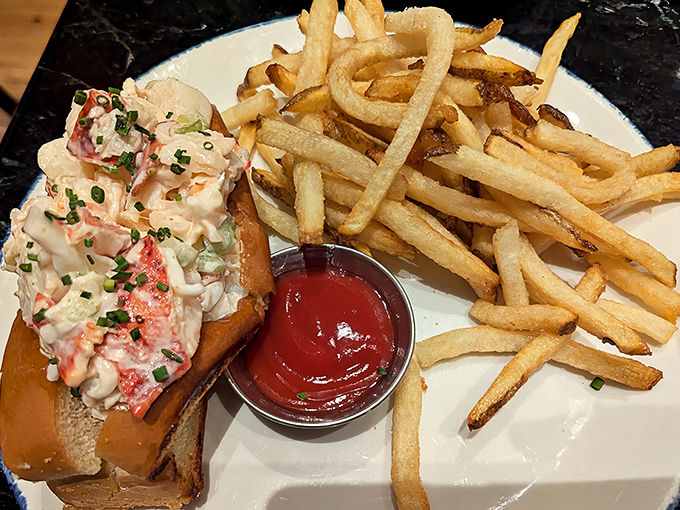 The classic cold lobster roll with perfectly golden fries. Like getting a beach vacation and comfort food in one glorious plate.