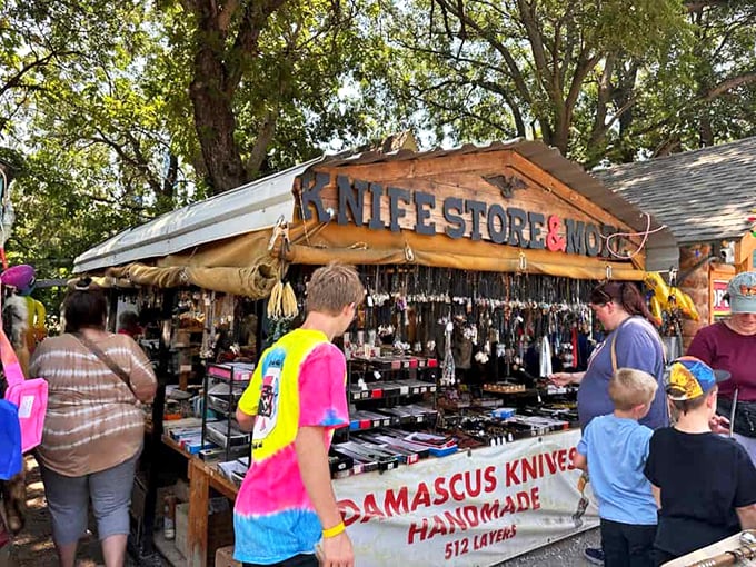 Shopping with character! This knife vendor brings old-school craftsmanship to Medicine Park's market scene &ndash; Damascus steel that would make any chef swoon.