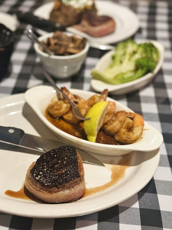 The surf and turf &ndash; where land meets sea in perfect harmony. That bacon-wrapped filet mignon paired with plump shrimp is the culinary equivalent of a perfect sunset.
