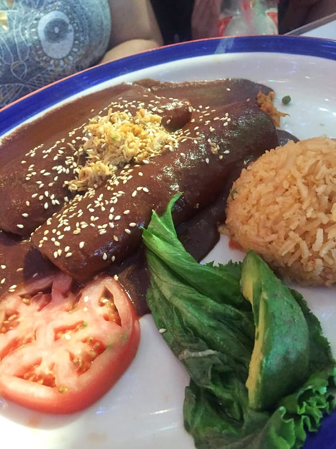Mole enchiladas with a sprinkle of sesame seeds&mdash;a sauce so complex it probably has more layers than your favorite Netflix drama.