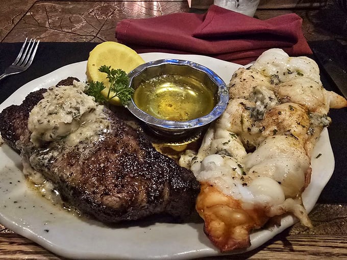 Land meets sea in perfect harmony—a steak and lobster combo that makes you wonder why we ever bothered inventing molecular gastronomy.