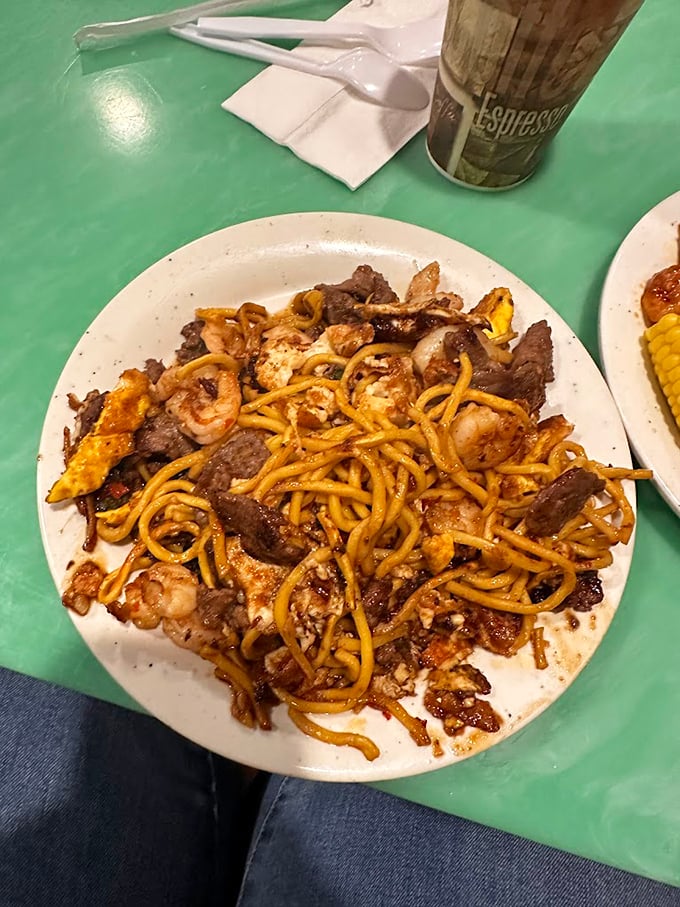 Hibachi magic on a plate: noodles, beef, and shrimp living together in perfect harmony. This isn't just a meal&mdash;it's world peace.