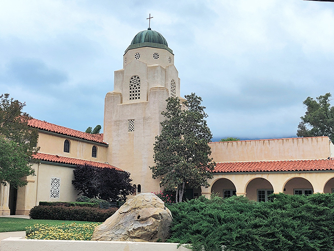 The Presbyterian Church's distinctive tower stands sentinel over Ojai, its architecture a reminder of the Spanish missionary influence that shaped Southern California's aesthetic identity.
