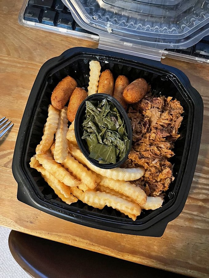 The barbecue dinner that launched a thousand road trips. Pulled pork, hushpuppies, fries, and collards&mdash;a Southern quartet in perfect harmony.