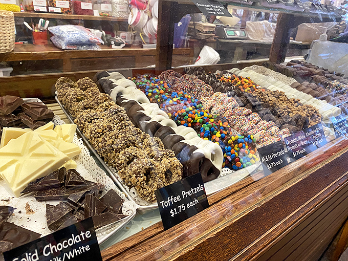 The chocolate-covered pretzel selection ranges from classic to candy-coated concoctions &ndash; like edible jewelry too beautiful to eat... almost.