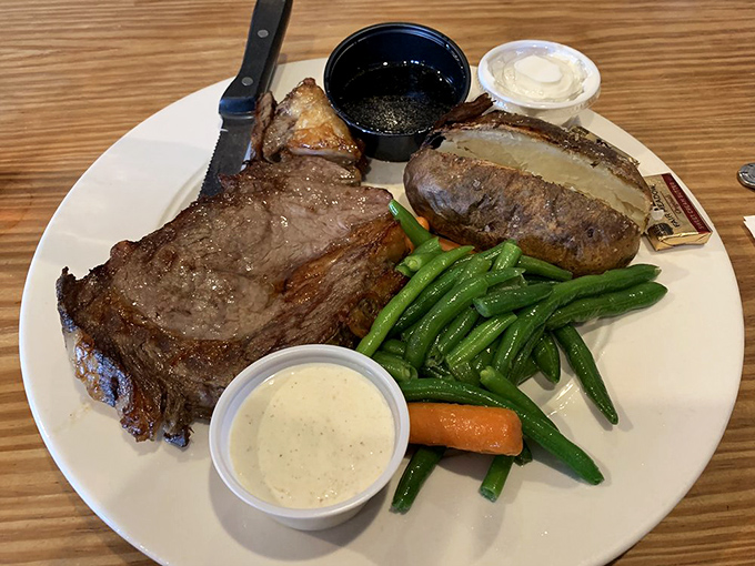 The supporting cast&mdash;green beans, baked potato, and horseradish sauce&mdash;knows its role is to complement the star of the plate.