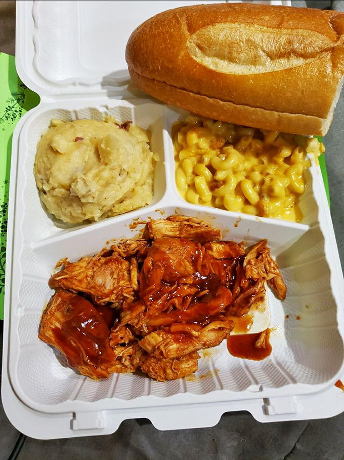 The pulled pork platter comes with all the fixings &ndash; mac and cheese, baked beans, and cornbread that would make a Southerner nod in approval.