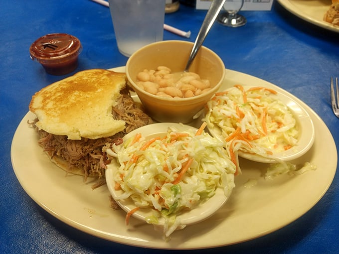 The perfect pulled pork trifecta: tender meat on a golden bun, creamy coleslaw for crunch, and beans that have clearly been simmering their way to perfection.