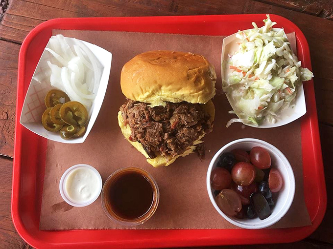 The perfect barbecue tray: a sandwich as the star, supporting actors of coleslaw and pickles, and grapes playing the unexpected but welcome comic relief.