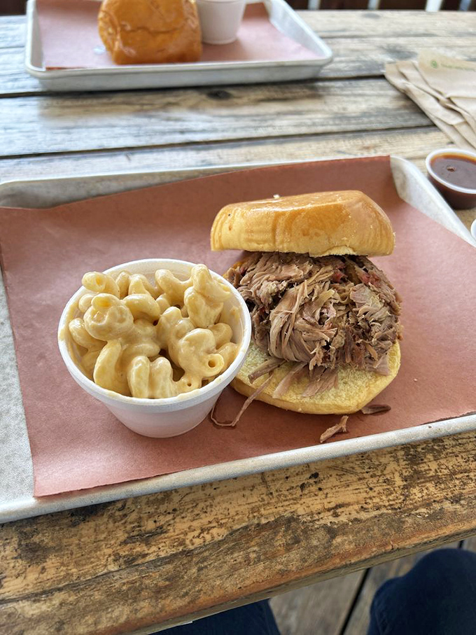 This pulled pork sandwich isn't just lunch&mdash;it's an event. The mac and cheese alongside isn't playing a supporting role; it's gunning for top billing.
