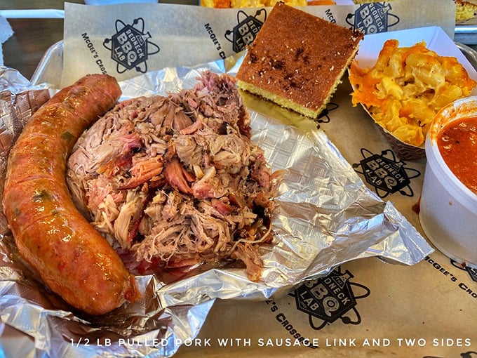 A barbecue plate that makes you question why you ever ate anything else &ndash; pulled pork with perfect bark alongside a sausage that means business.