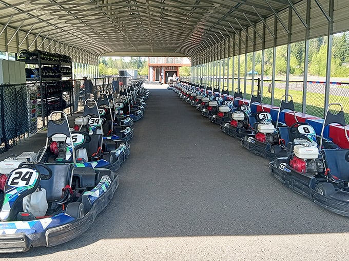 Karting's version of a luxury car dealership&mdash;rows of mechanical beasts waiting for their temporary masters to take the wheel.