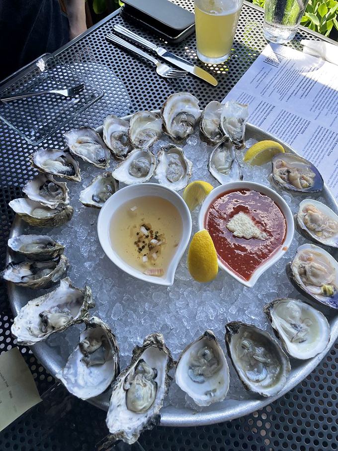 A perfect circle of briny delights&mdash;these oysters aren't just seafood, they're little cups of ocean perfection waiting for their lemon baptism.