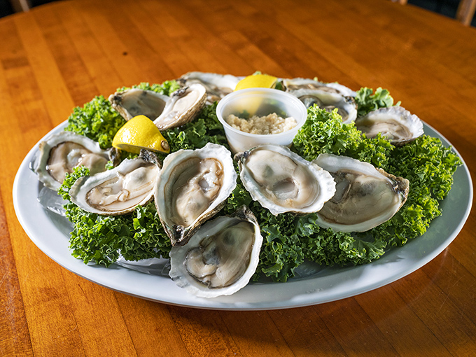 These oysters aren't just served&mdash;they're presented like jewelry on a bed of green. Nature's perfect appetizer waiting for a squeeze of lemon.