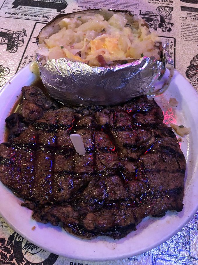 A ribeye cooked with such respect that cattle ranchers might shed a patriotic tear. The slight pink center whispers, "They know what they're doing."