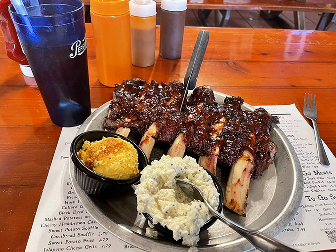 The holy trinity of BBQ perfection: glistening ribs, golden fries, and that little cup of mac and cheese that's about to change your life.