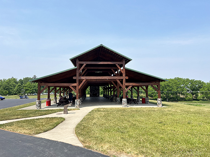 The Selman Timber Frame Pavilion offers shelter from summer sun and gathering space for community events&mdash;architectural simplicity at its finest.