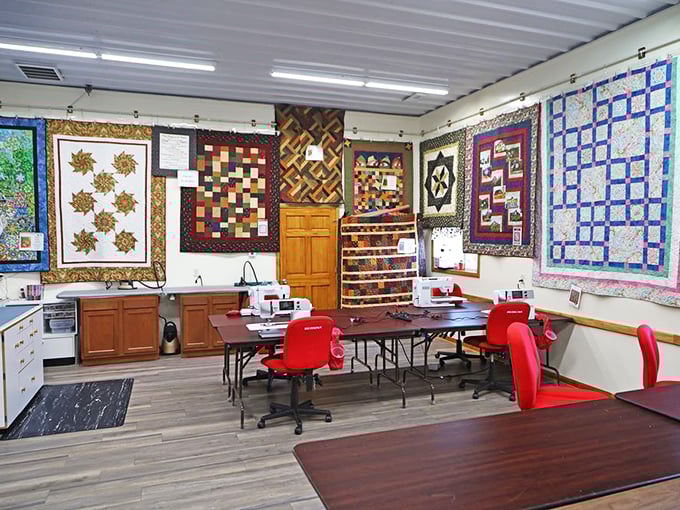 Not just a classroom &ndash; a launching pad for creativity. These finished quilts on the wall aren't just decoration; they're inspiration manifestos in fabric form.