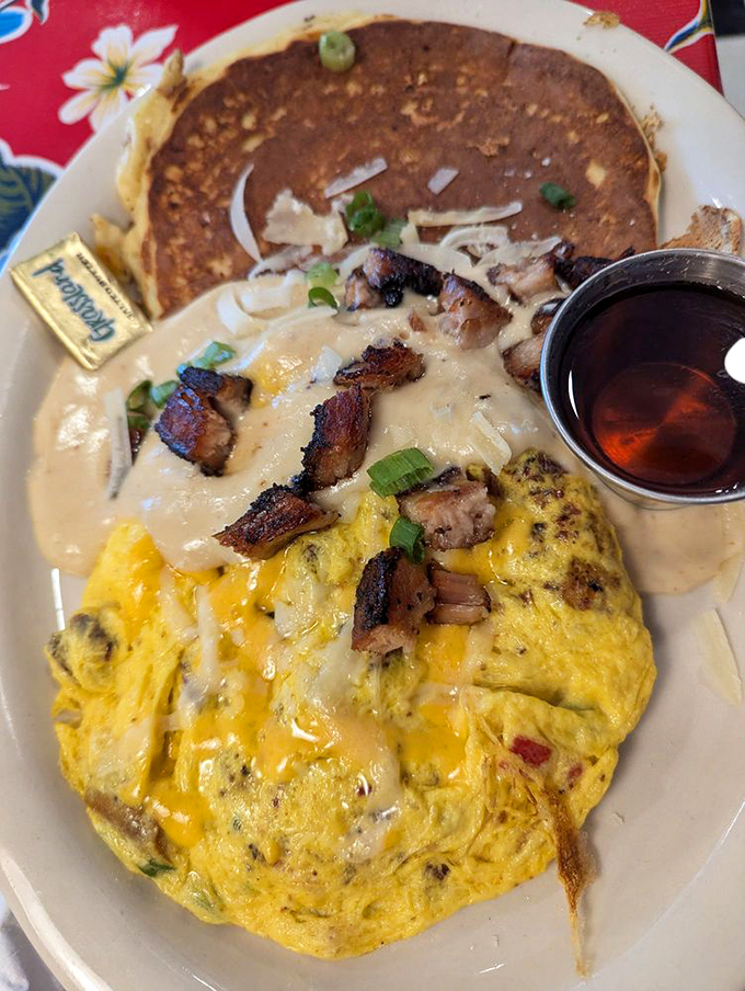 The Shaucker Scramble laughs at ordinary breakfasts. Topped with pork belly and served with a pancake, it's what breakfast dreams about when breakfast goes to sleep.