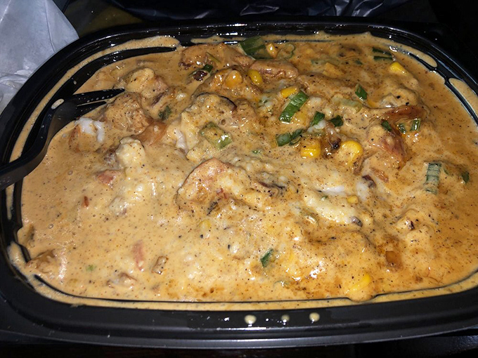 The holy grail of comfort food: shrimp and grits so luscious you'll contemplate licking the container when no one's looking.