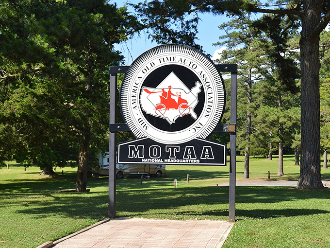 The MOTAA sign welcomes automotive pilgrims to this temple of transportation, where yesterday's cutting-edge technology becomes today's mechanical poetry.