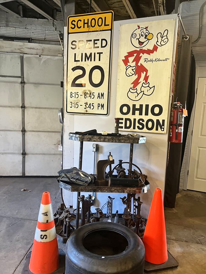 Reddy Kilowatt smiles knowingly at visitors, reminding us when mascots were simultaneously charming and slightly terrifying. Vintage signage paradise.