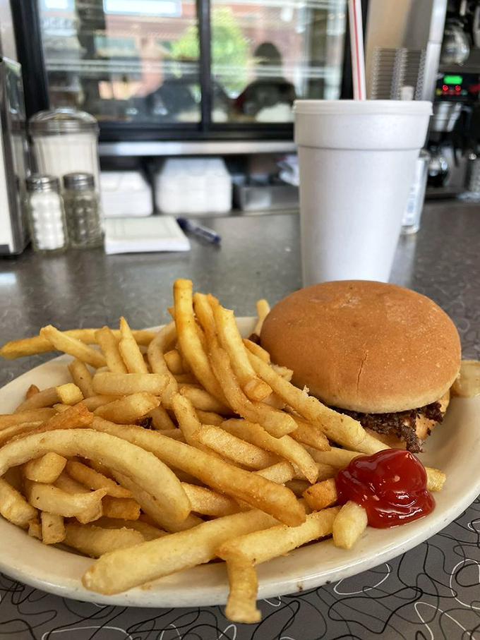 A single cheeseburger with a mountain of fries. Notice how the ketchup waits patiently, knowing its moment of glory is imminent.