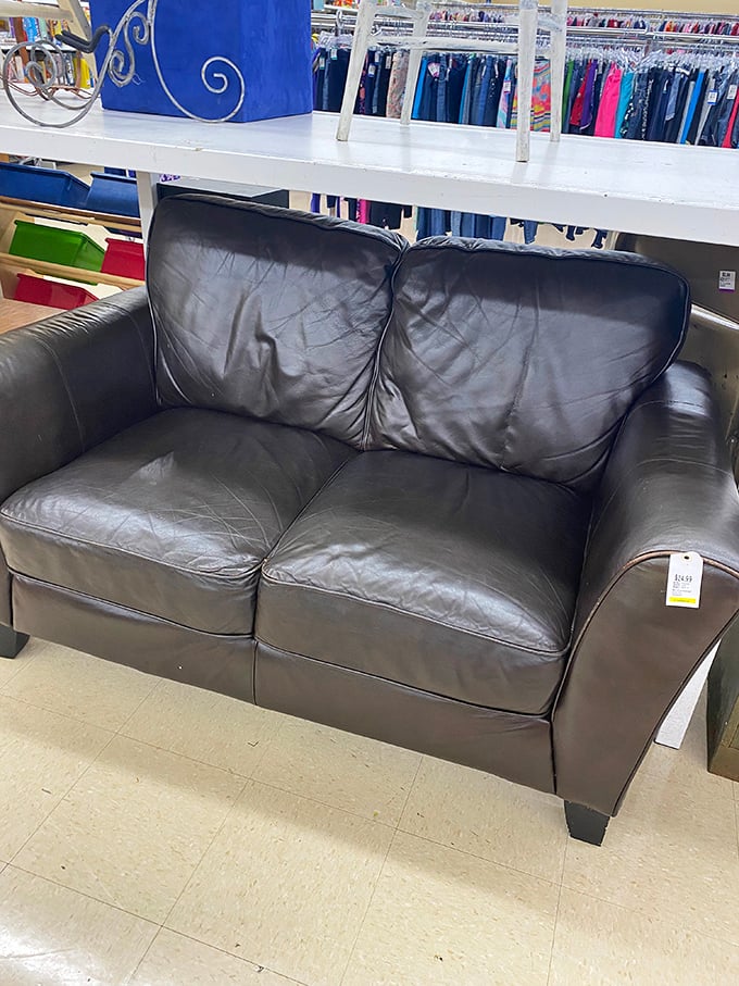 This leather loveseat has seen some living and is ready for its second act&mdash;a steal at under $50 for anyone brave enough to wonder about its stories.