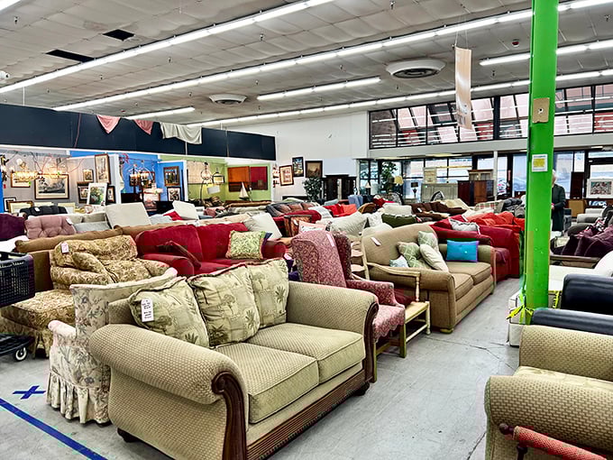 The couch district rivals any furniture showroom, minus the hovering salespeople and plus-size price tags.