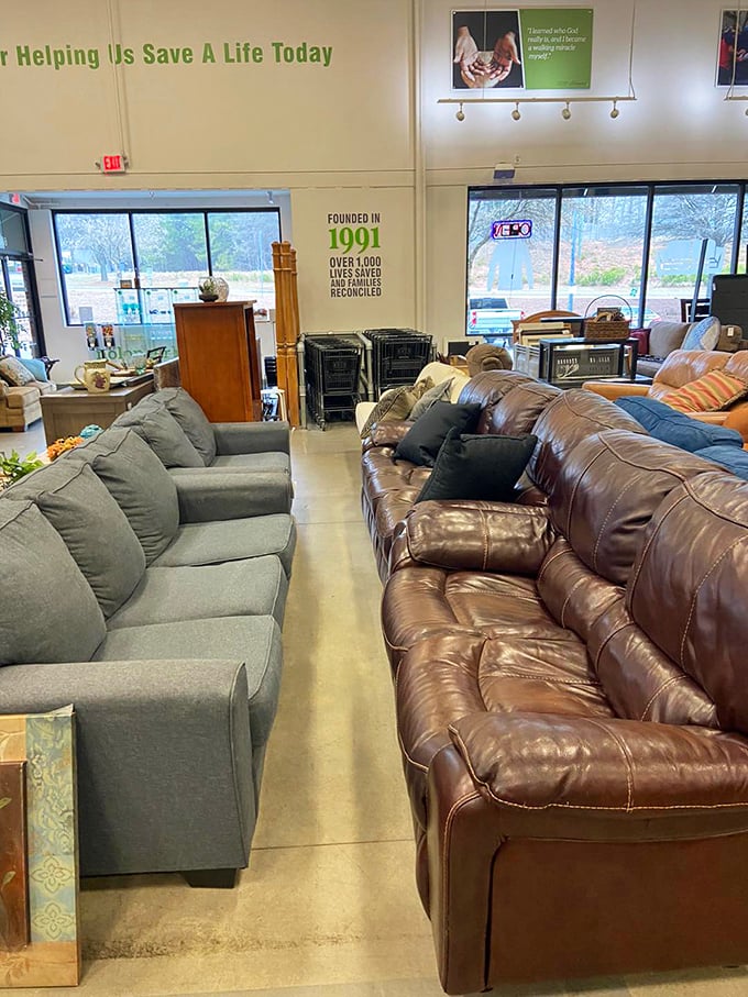 The leather sectional versus fabric sofa showdown. Both priced so reasonably you might just flip a coin and take home the winner.
