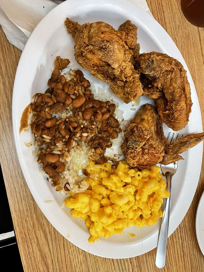 Soul food algebra: Crispy fried chicken + creamy mac and cheese + savory beans = the kind of math problem I'd happily solve daily.