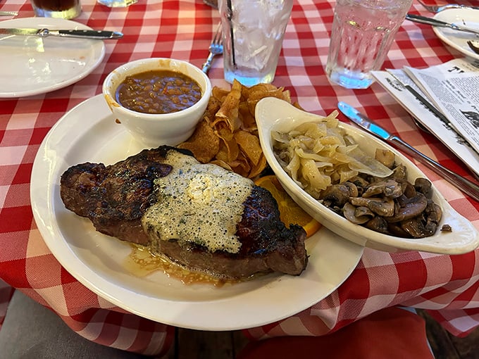 This isn't just dinner, it's a frontier feast &ndash; butter-topped steak, saut&eacute;ed mushrooms, and beans that would fuel a cattle drive or your afternoon nap.