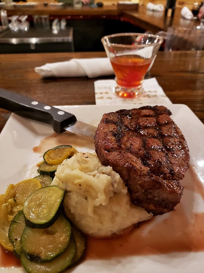 This isn't just dinner&mdash;it's a masterclass in meat preparation. The perfect sear, the rosy interior, the mashed potatoes standing by.