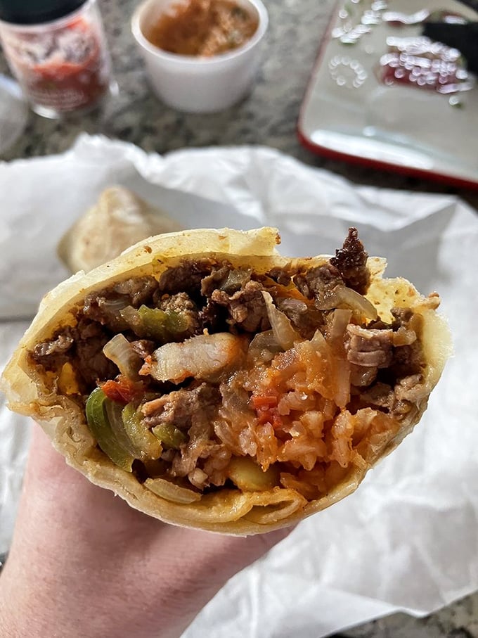 When beef and shrimp join forces in this surf and turf burrito, it's like ocean and prairie called a delicious truce.