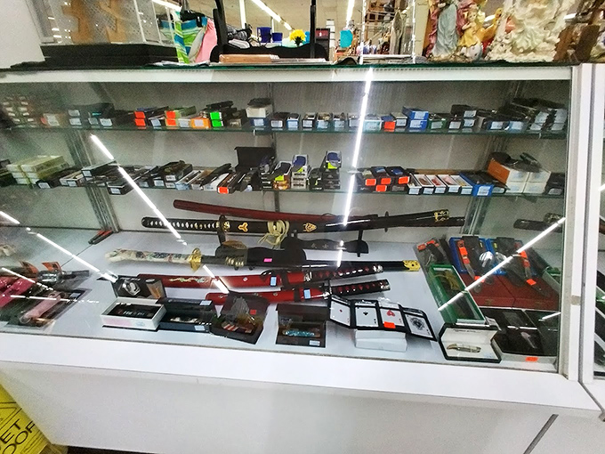 Samurai dreams come alive in this glass case. One person's decorative blade is another's conversation starter for every dinner party.