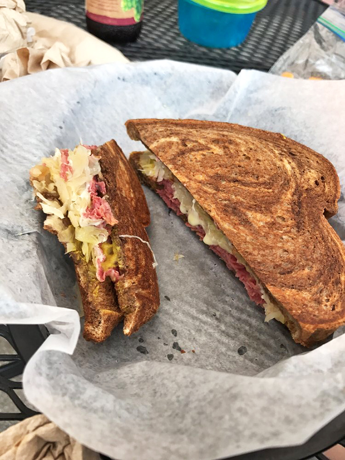 The Reuben, sliced in half to reveal its glorious layers&mdash;like architectural plans for the Taj Mahal of sandwiches.
