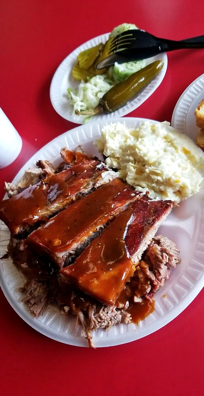 The holy trinity of barbecue&mdash;ribs, potato salad, and pickles&mdash;arranged on a plate like edible artwork for carnivores.