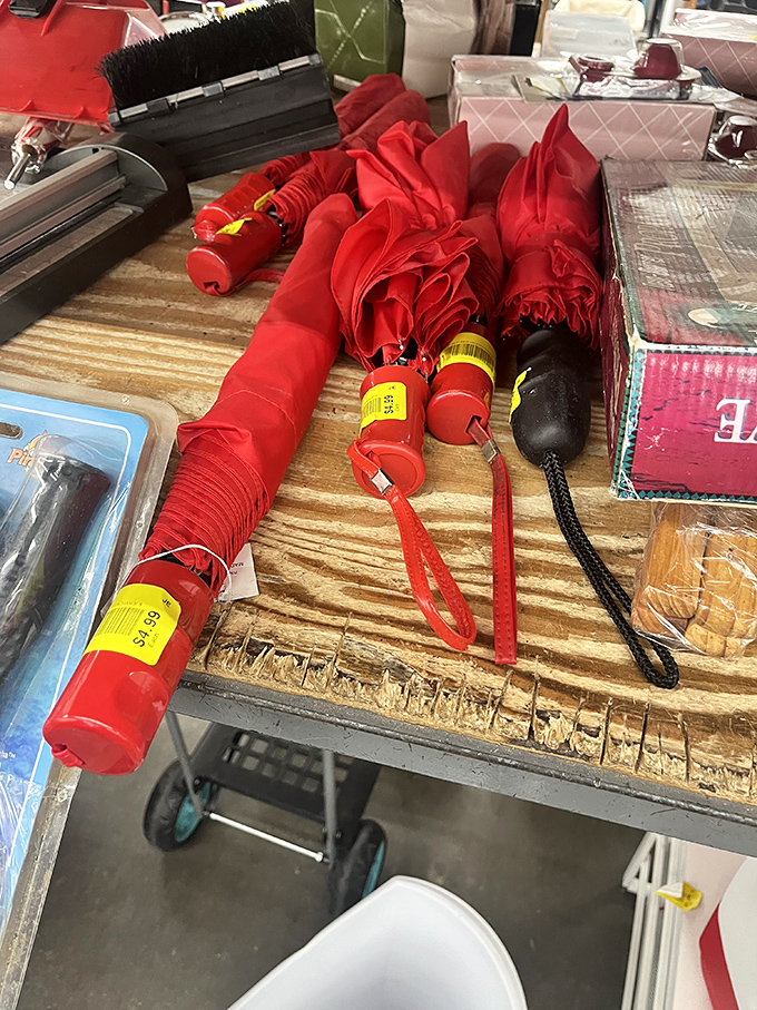 A battalion of red umbrellas stands at attention, ready to rescue you from Colorado's famously fickle weather patterns.