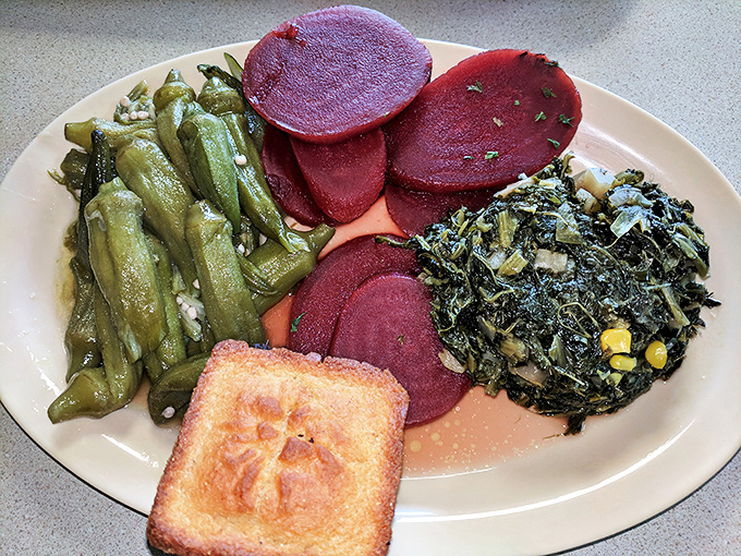 A Southern vegetable plate that makes carnivores question their life choices. Those pickled beets and seasoned greens are no mere supporting actors.